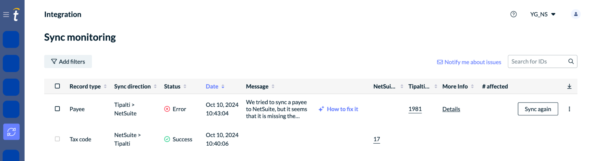 Sync monitoring – Tipalti
