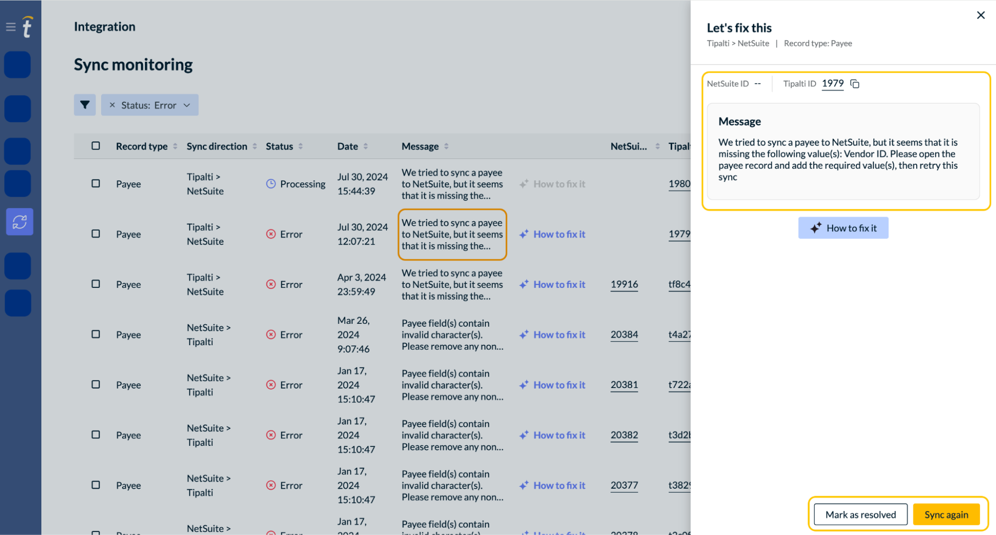 Sync monitoring – Tipalti