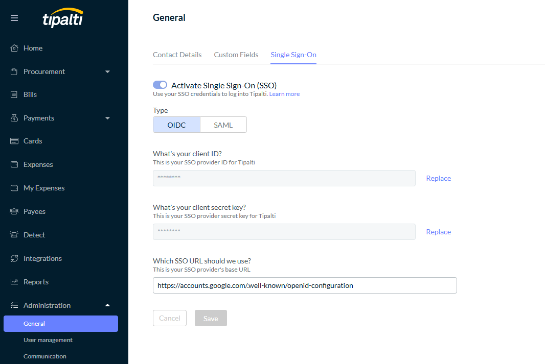 Set up SSO – Tipalti